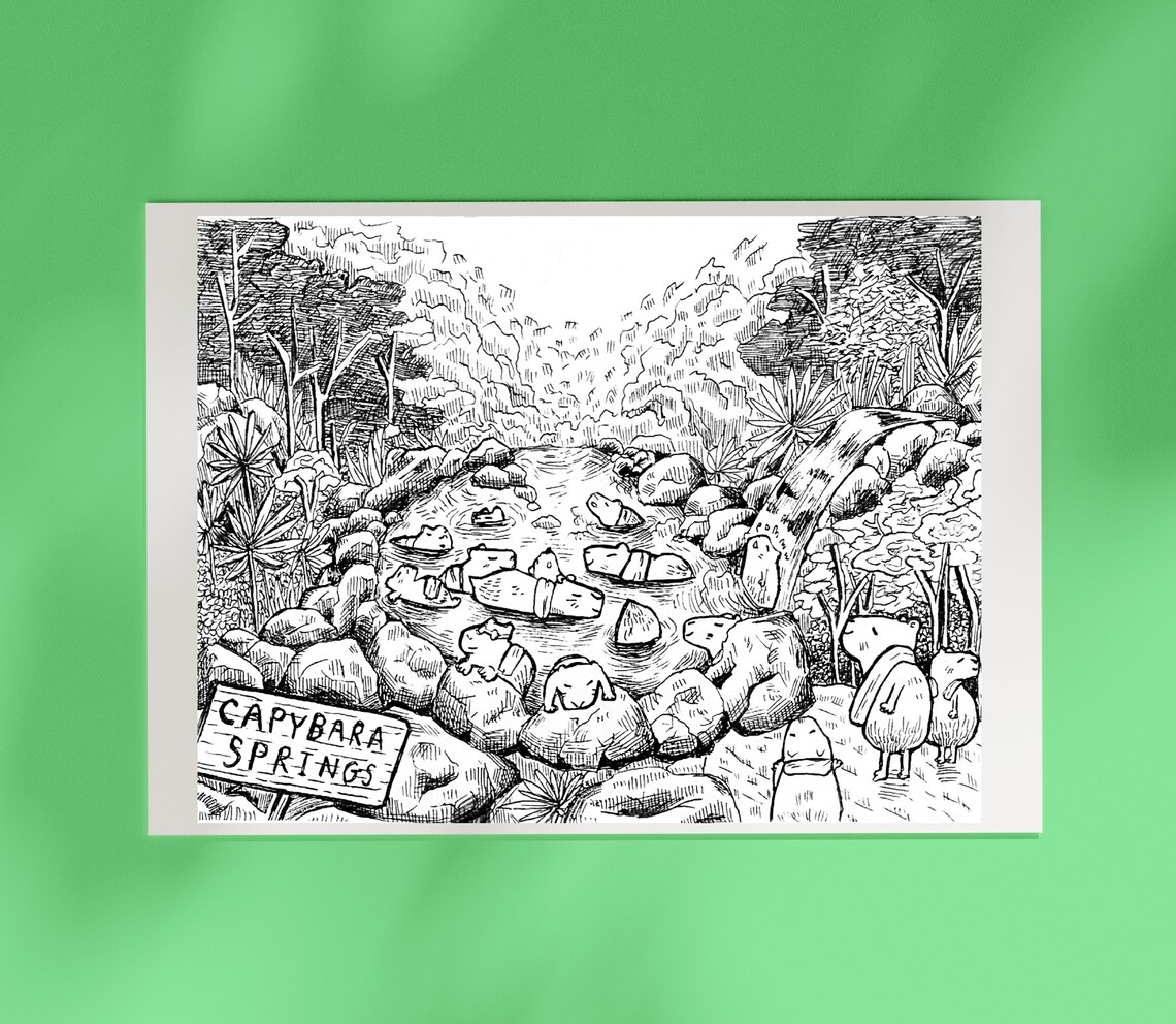 Capybara Hot Springs Art Print /original Wall Art/office Decor/room Art ...