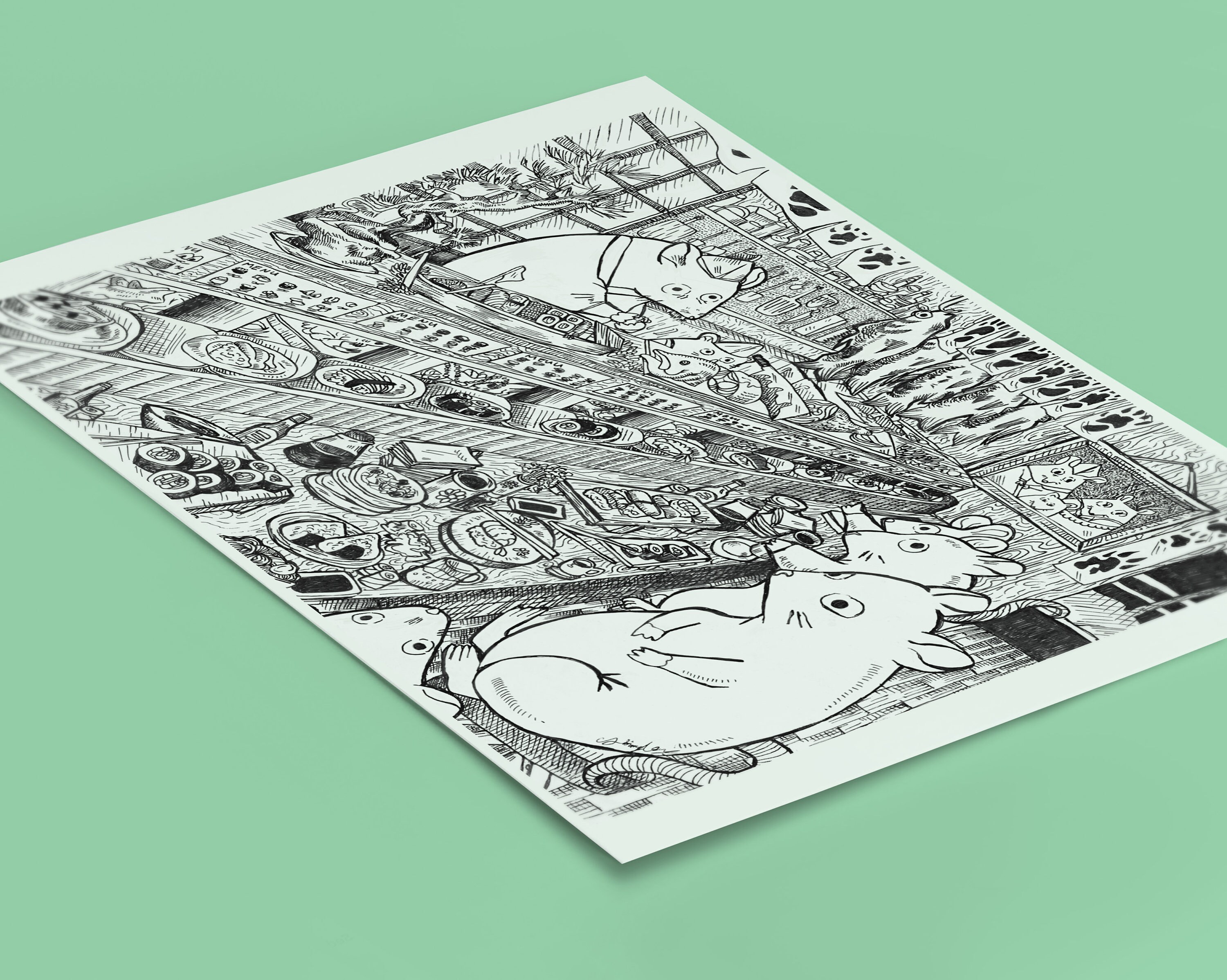 Rats Love Sushi Ink Illustration Art Print/original Wall Art/office ...