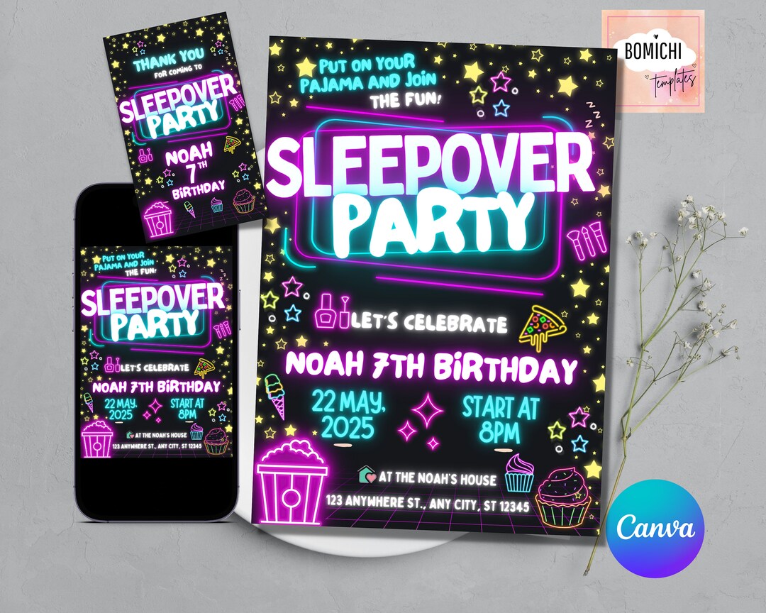 EDITABLE SLEEPOVER Invitation, Slumber Party, Pajama Party, Sleepover ...