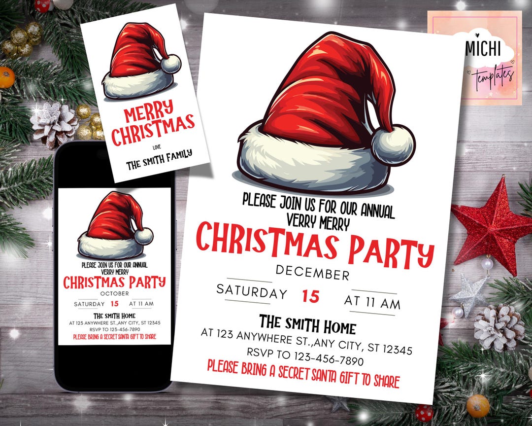 Editable Christmas Party Invitation, Santa Hat Design (digital ...