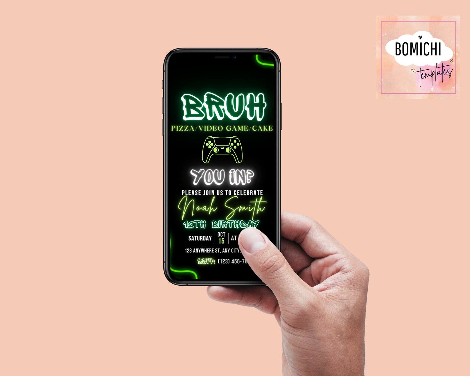 Editable BRUH Invitation, Neon 13th Birthday Video Invitation, Digital ...
