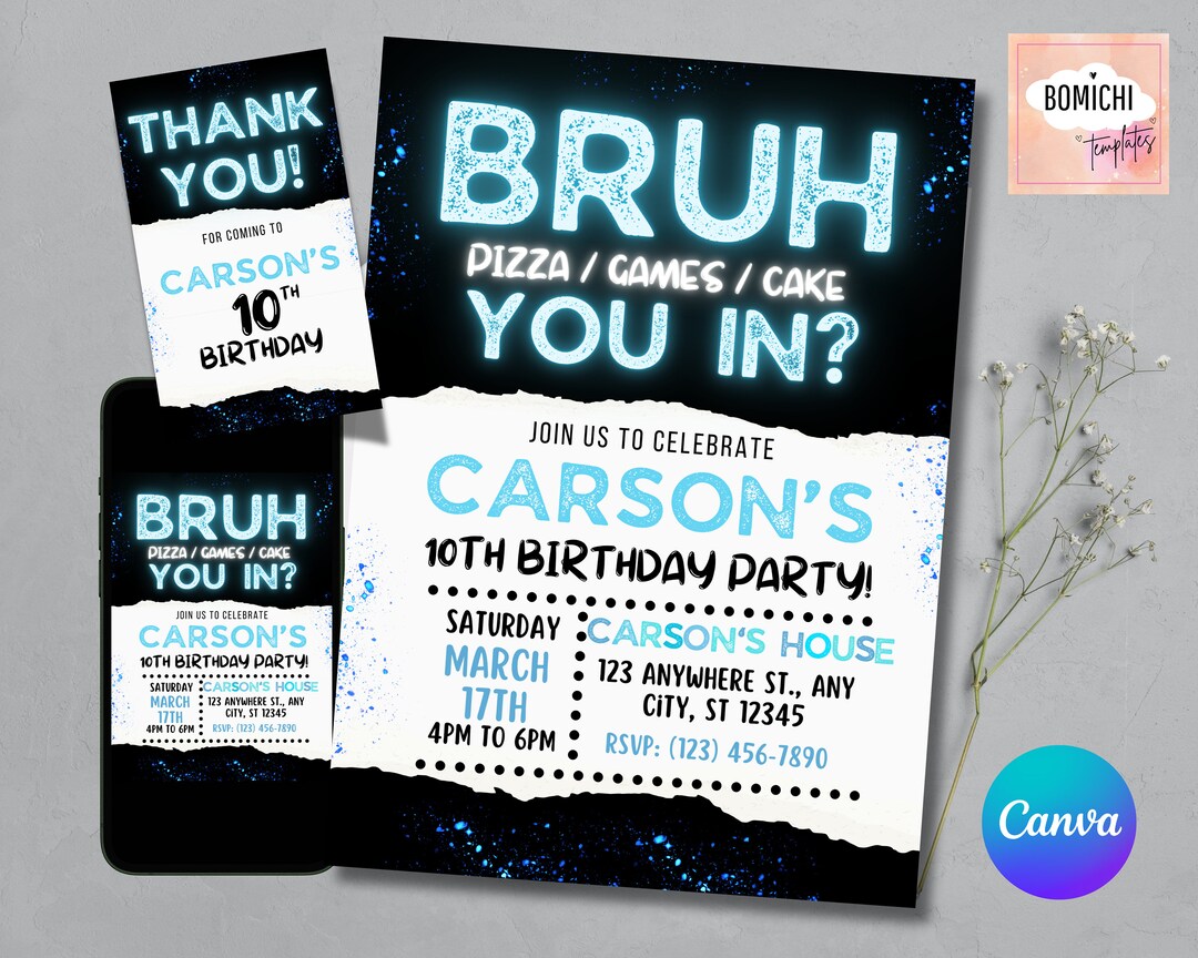 Bruh Neon Birthday Invitation, Boy Birthday Invitation, Teenager ...
