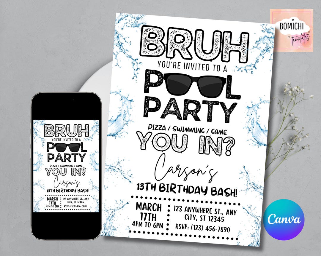 Bruh Pool Party Birthday Invitation, Editable Canva Template - Etsy