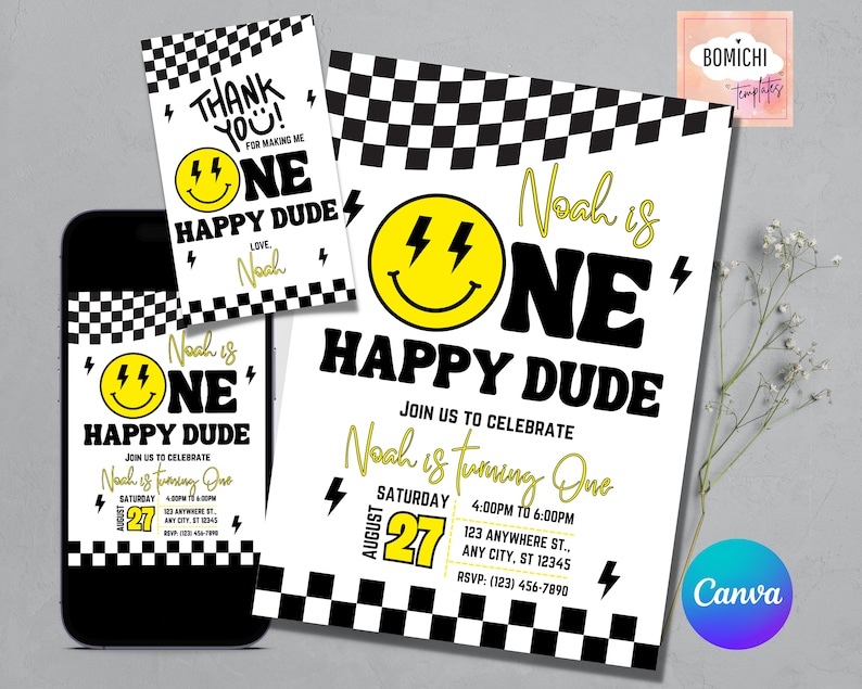 One Happy Dude Birthday Invite Template, Retro Smile Face First ...