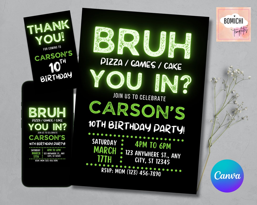 Bruh Birthday Invitation, Bruh Neon Birthday Invitation, Teenager ...