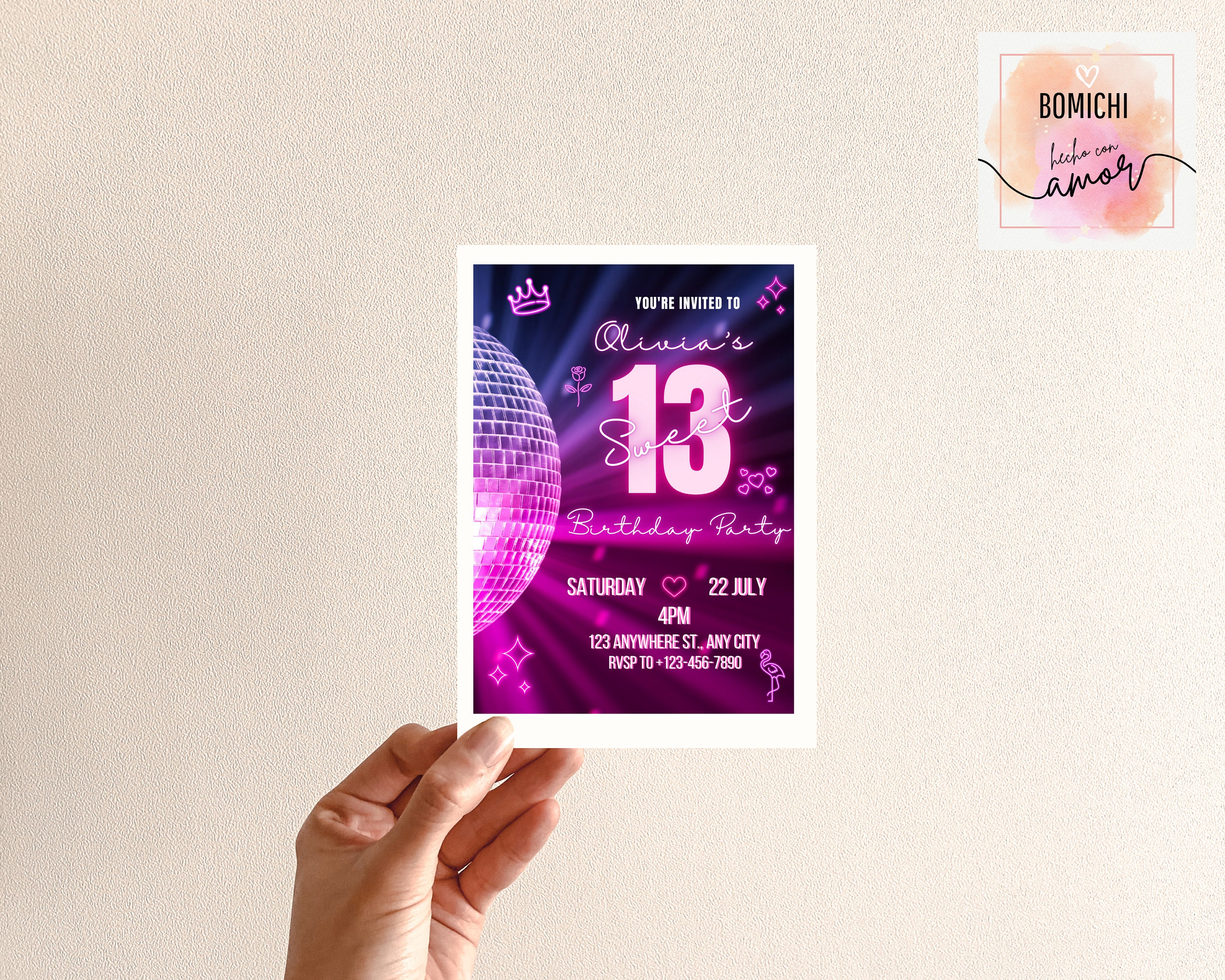 Editable Neon 13th Birthday Invitation, Thank You Tag (canva Template ...