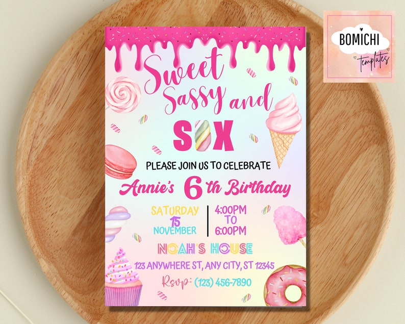 Sweet Sassy Six Birthday Invitation, Candy Theme (digital Download ...