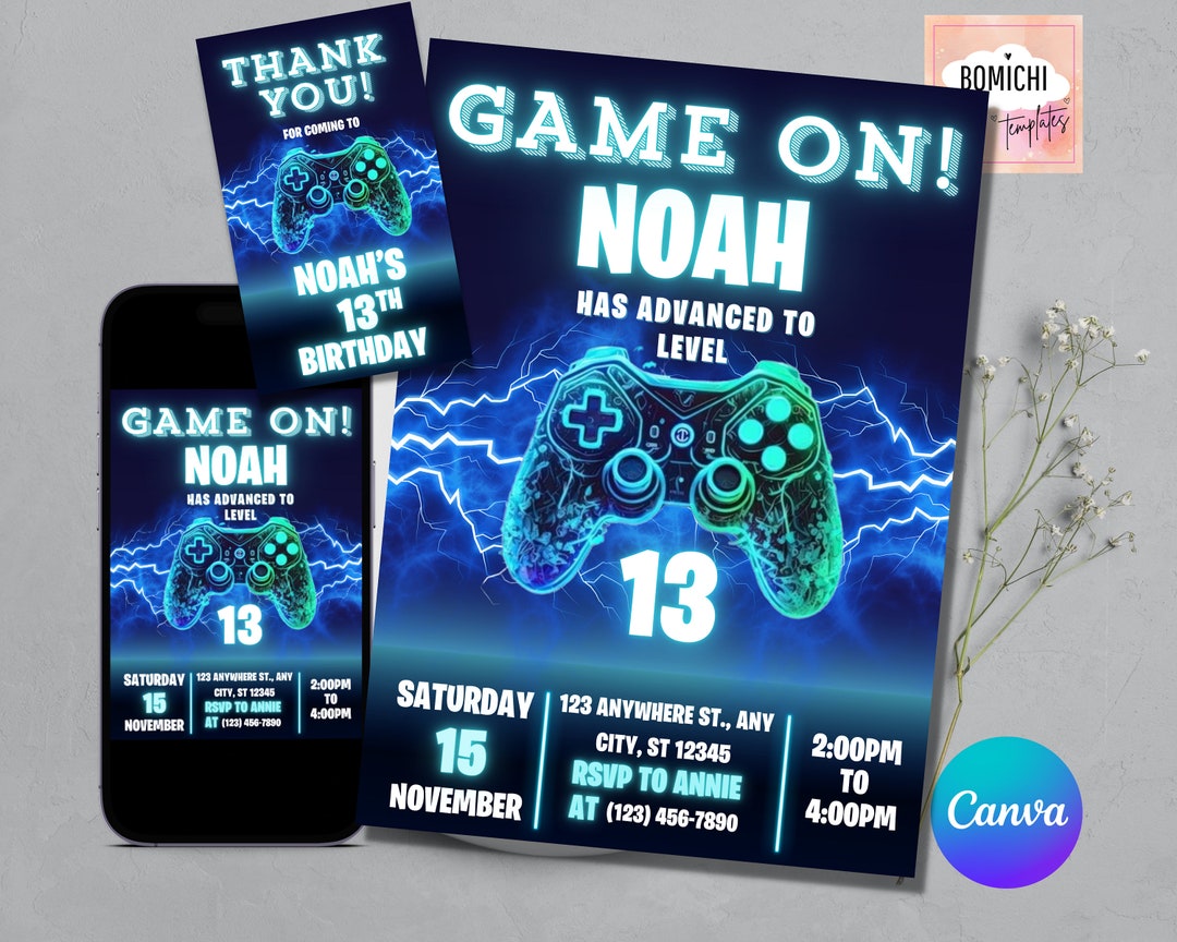 Video Game Invitation, Video Game Birthday Invitation Template, Neon ...