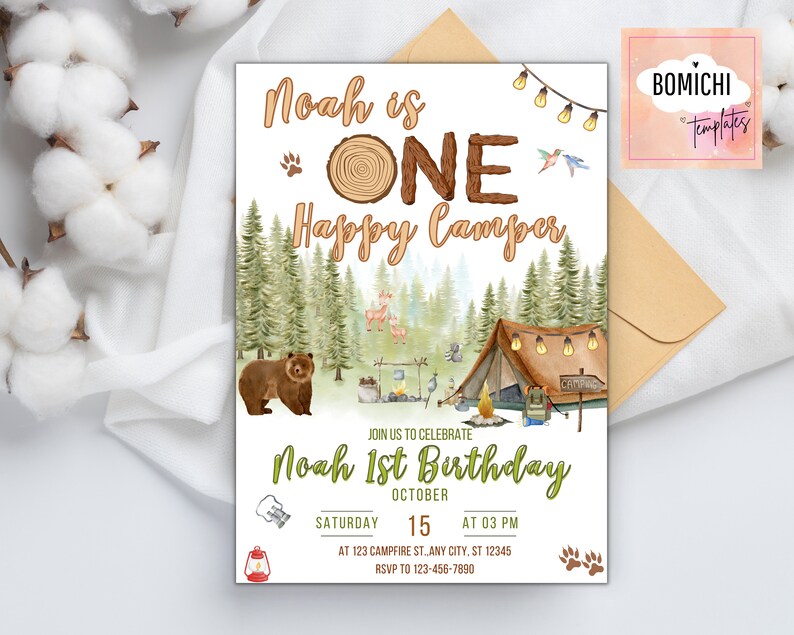 One Happy Camper Birthday Invitation Template, Camping 1st Birthday ...