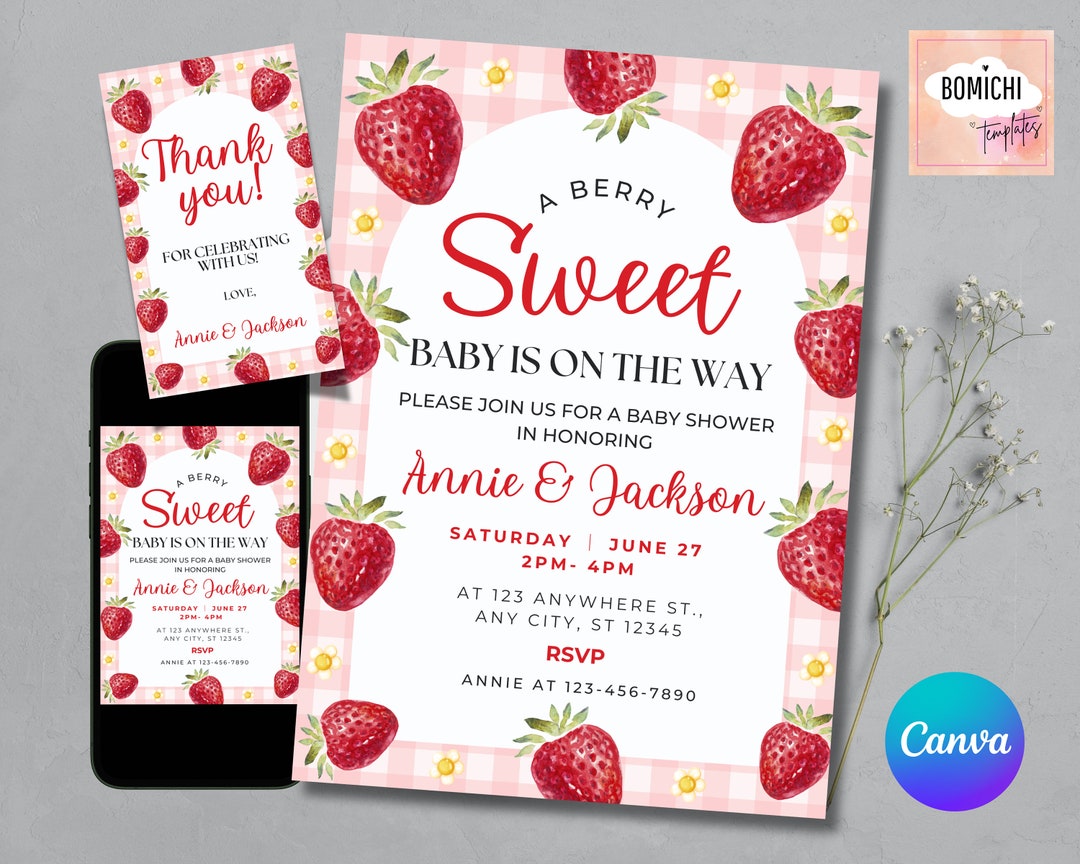 Editable Berry Sweet Baby Shower Invitation, Canva Template (digital ...