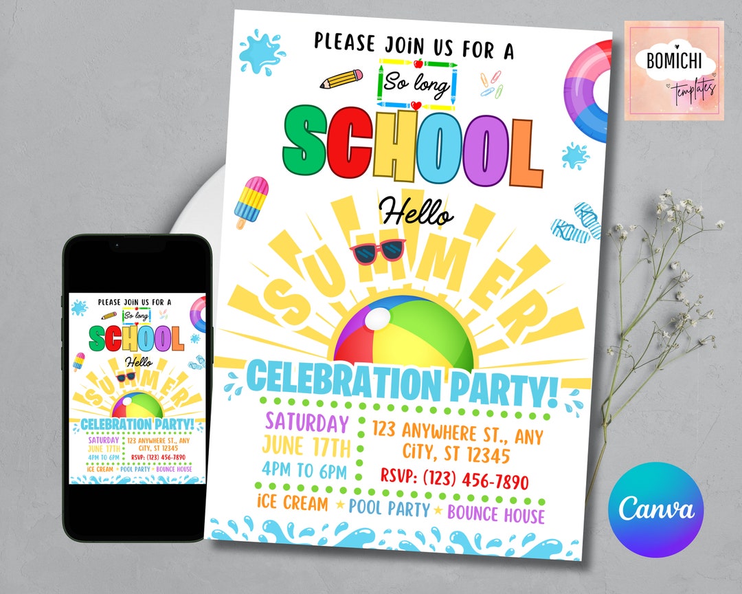 End of School Party Invitation, Hello Summer, Goodbye School Hello Pool ...