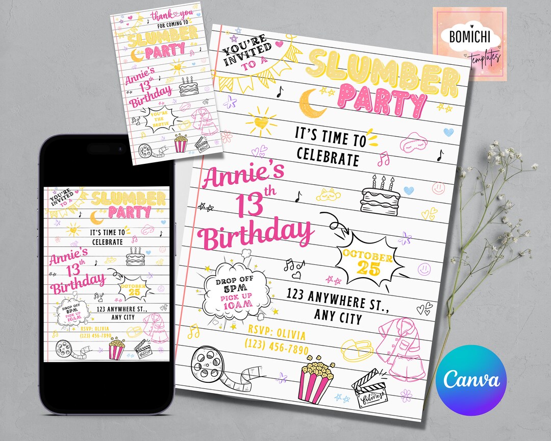 Editable Slumber Party Birthday Invitation, Thank You Tag (CANVA ...