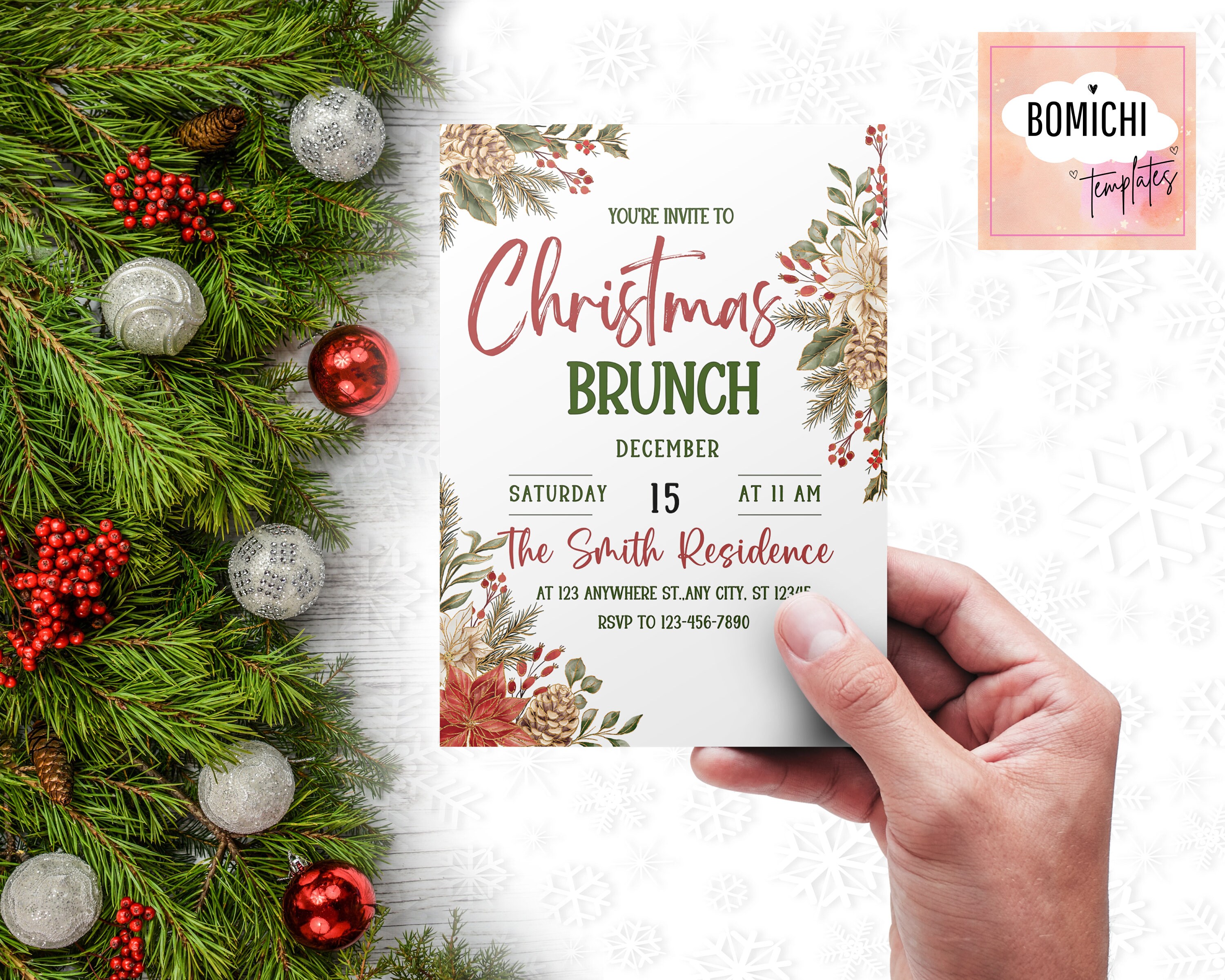 Christmas Brunch Invitation Template, Editable Floral Design (PDF/JPEG ...