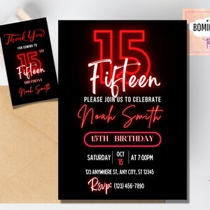 EDITABLE Neon Birthday Invitation, Red Birthday Invite, 15th Birthday ...