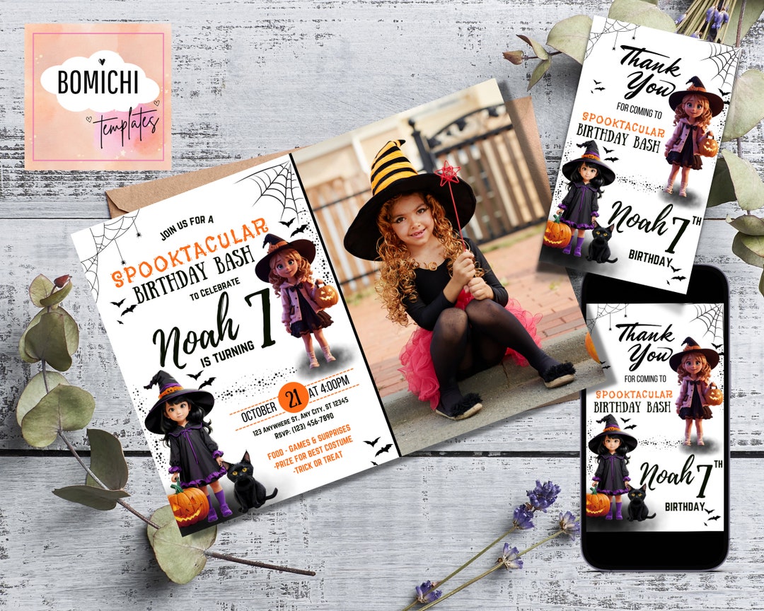 Witch Halloween Birthday Invitation With Photo, Witch Halloween ...