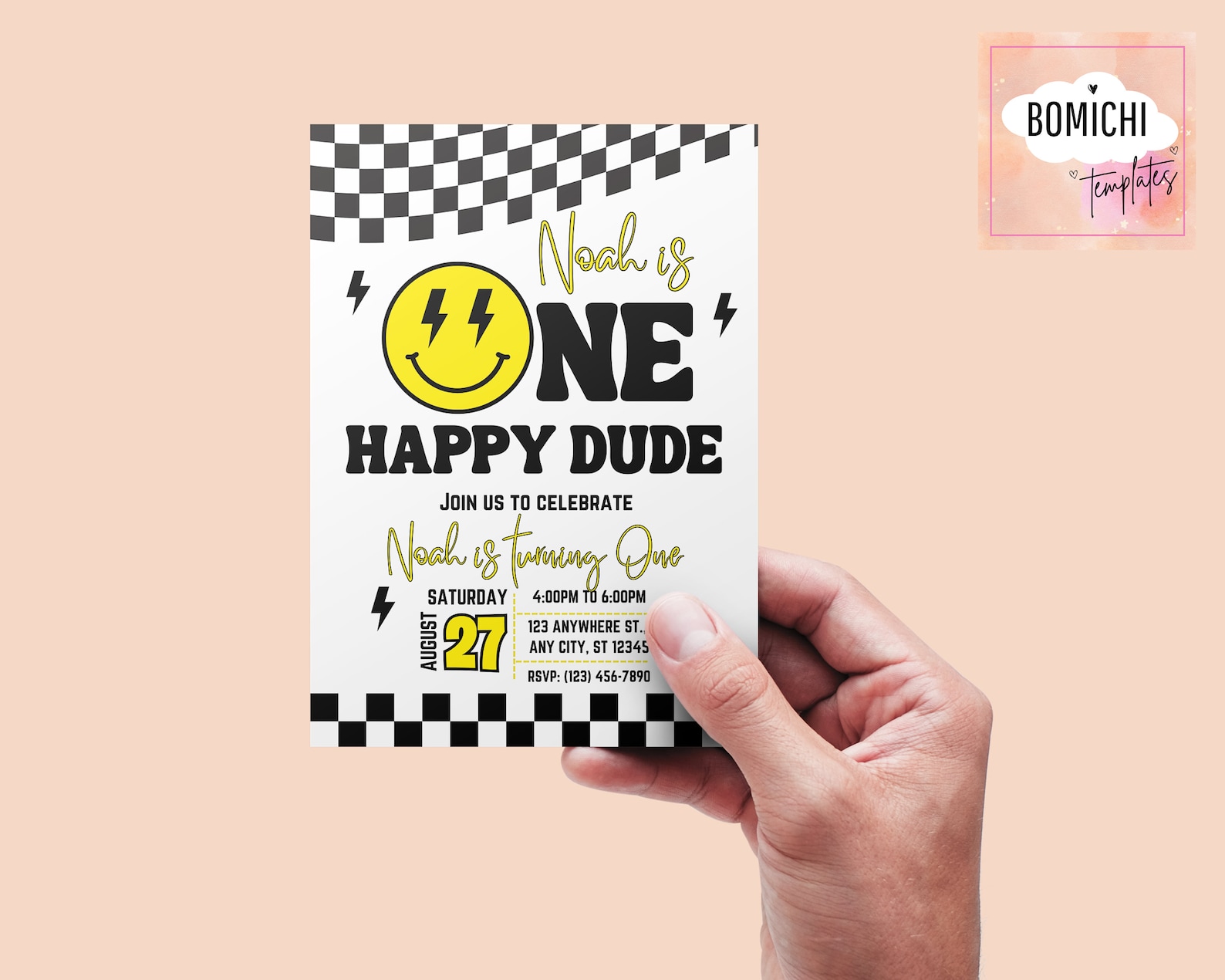 One Happy Dude Birthday Invite Template, Retro Smile Face First ...