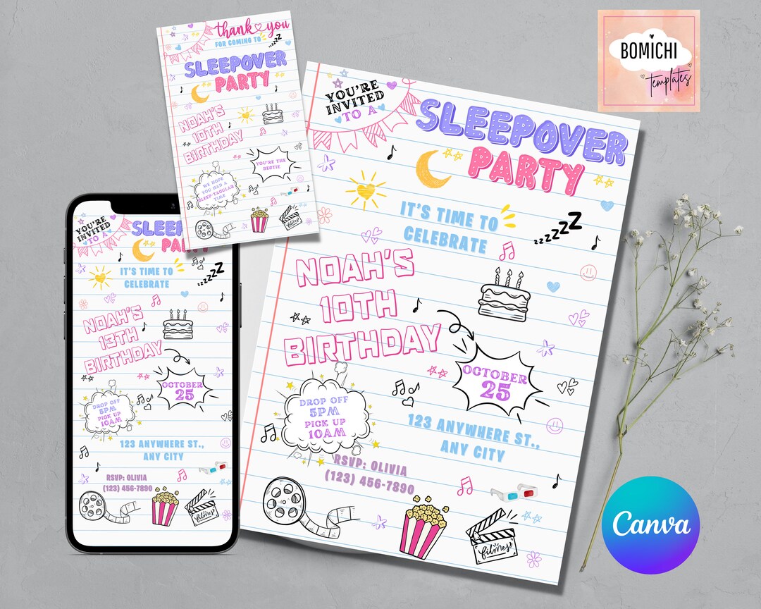 Editable Sleepover Invitation, Slumber Party Invitation, Sleepover ...