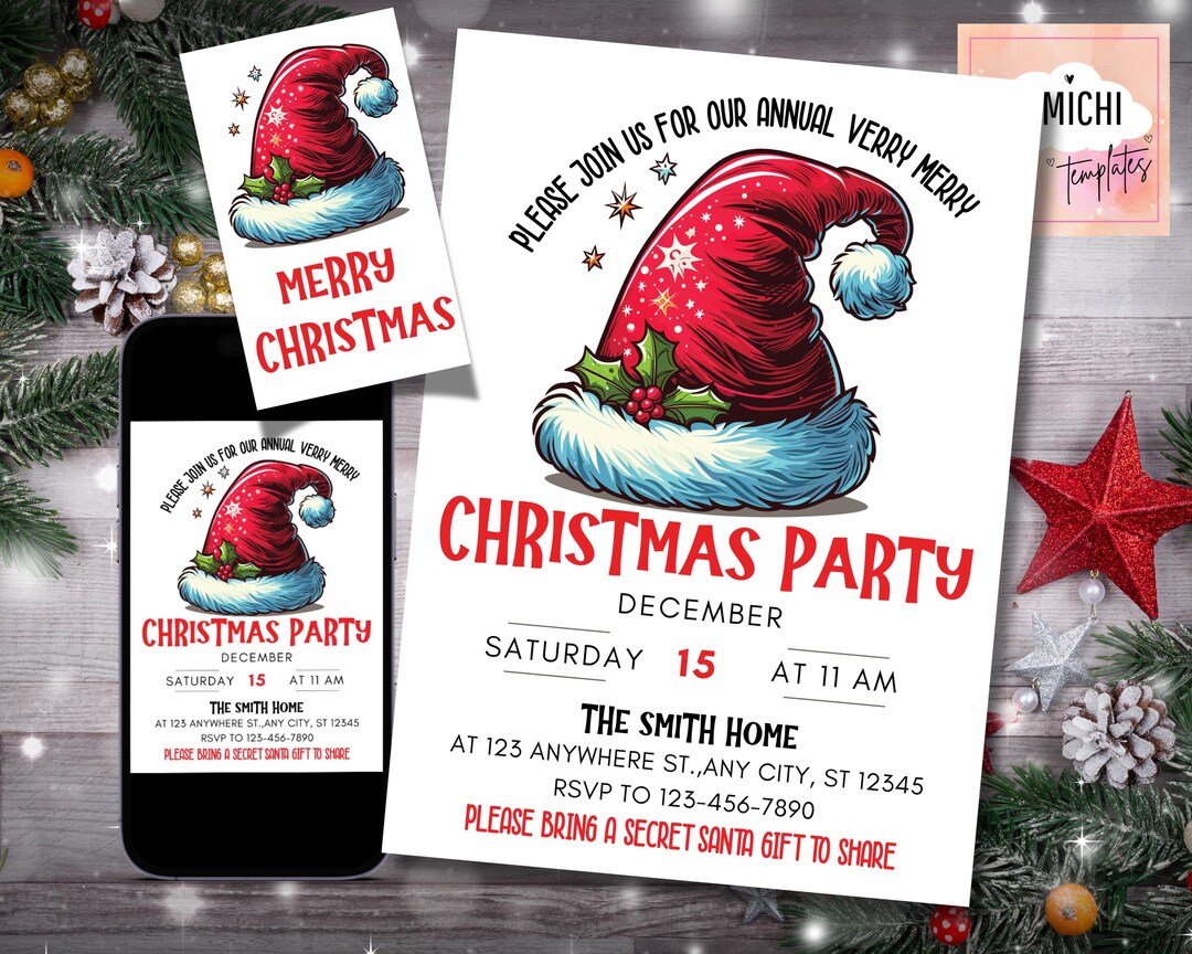 Editable Santa Hat Christmas Party Invitation (digital Printable) - Etsy