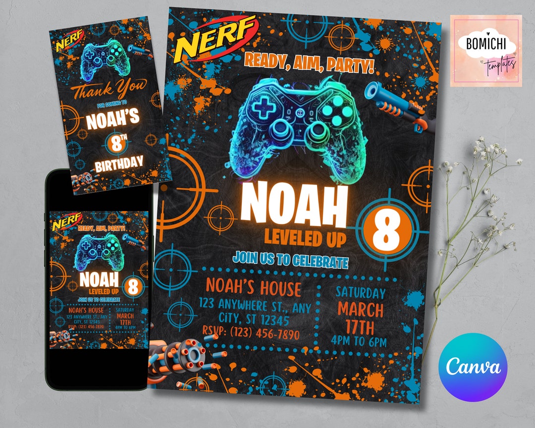 Video Game Nerf Invitation Template, Video Game Invitation, Neon Glow ...