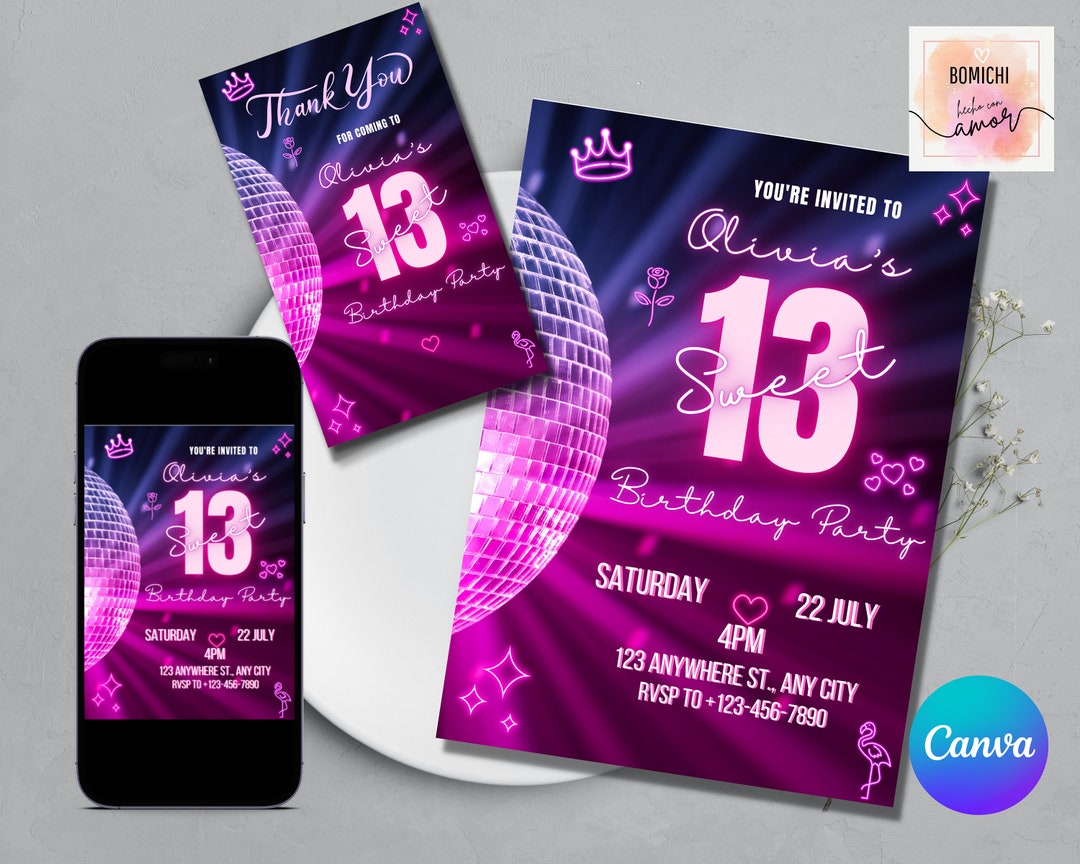 Editable Neon 13th Birthday Invitation, Thank You Tag (canva Template ...