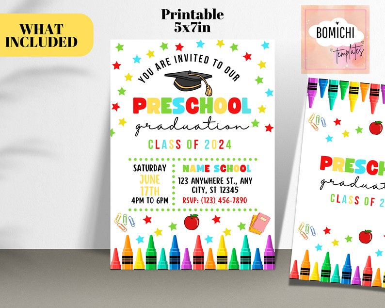 Preschool Graduation Invitation Template, Colorful Crayon Design ...