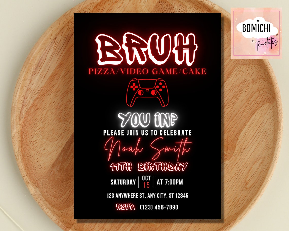 Neon BRUH Birthday Invitation, Teen Gaming Party (editable in Canva) - Etsy