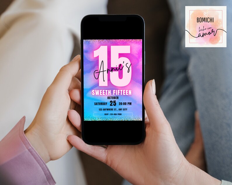 Editable Neon 15th Birthday Invitation, Canva Template (digital ...