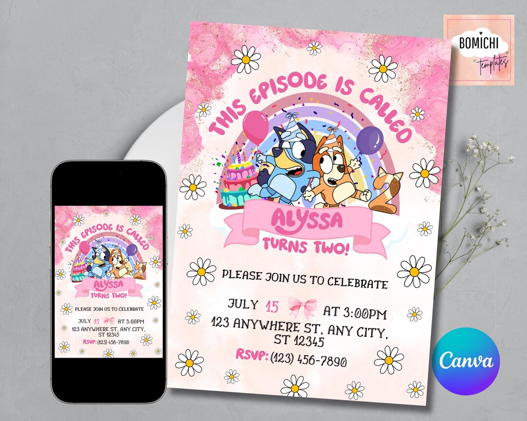 Bluey 2nd Birthday Invitation: Rainbow Daisy Girl Party - Etsy