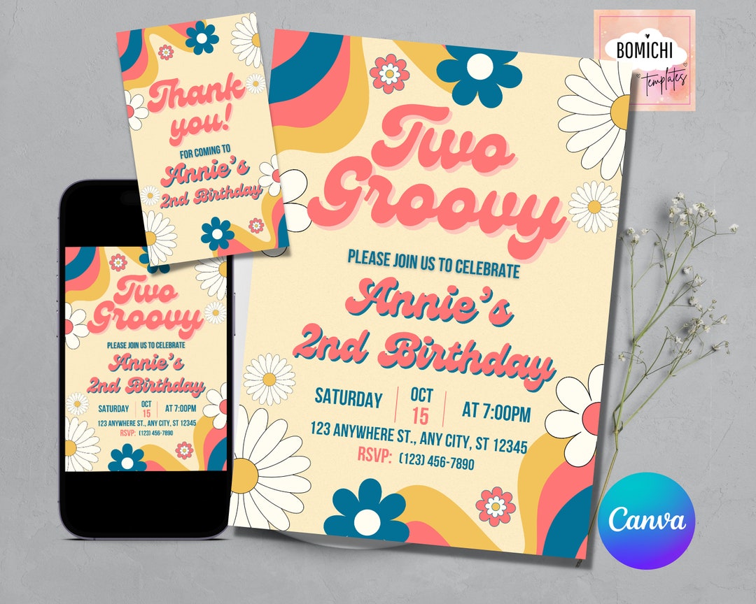 Two Groovy Invitation Template, Retro 2nd Birthday Party, Hippie 70s ...