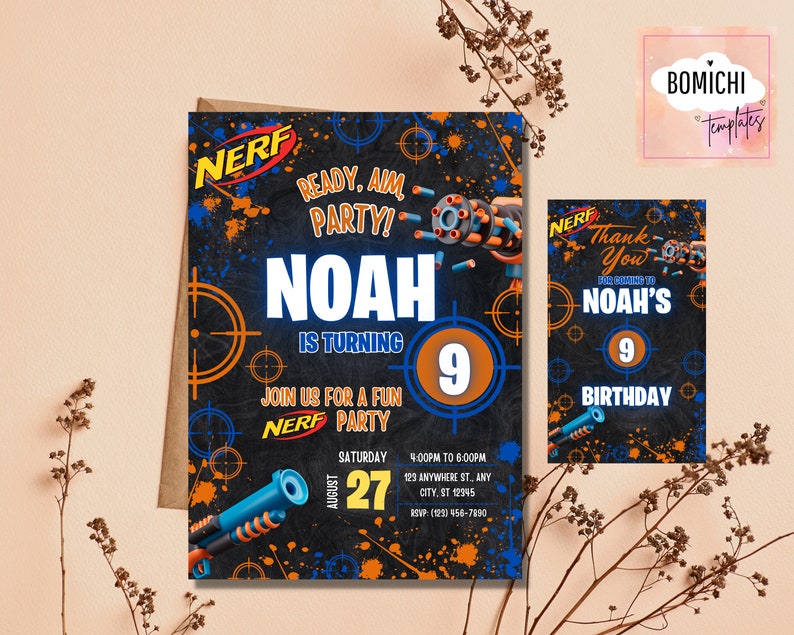 Dart Gun Invitation Editable Template, Dart Gun Birthday Invitation ...