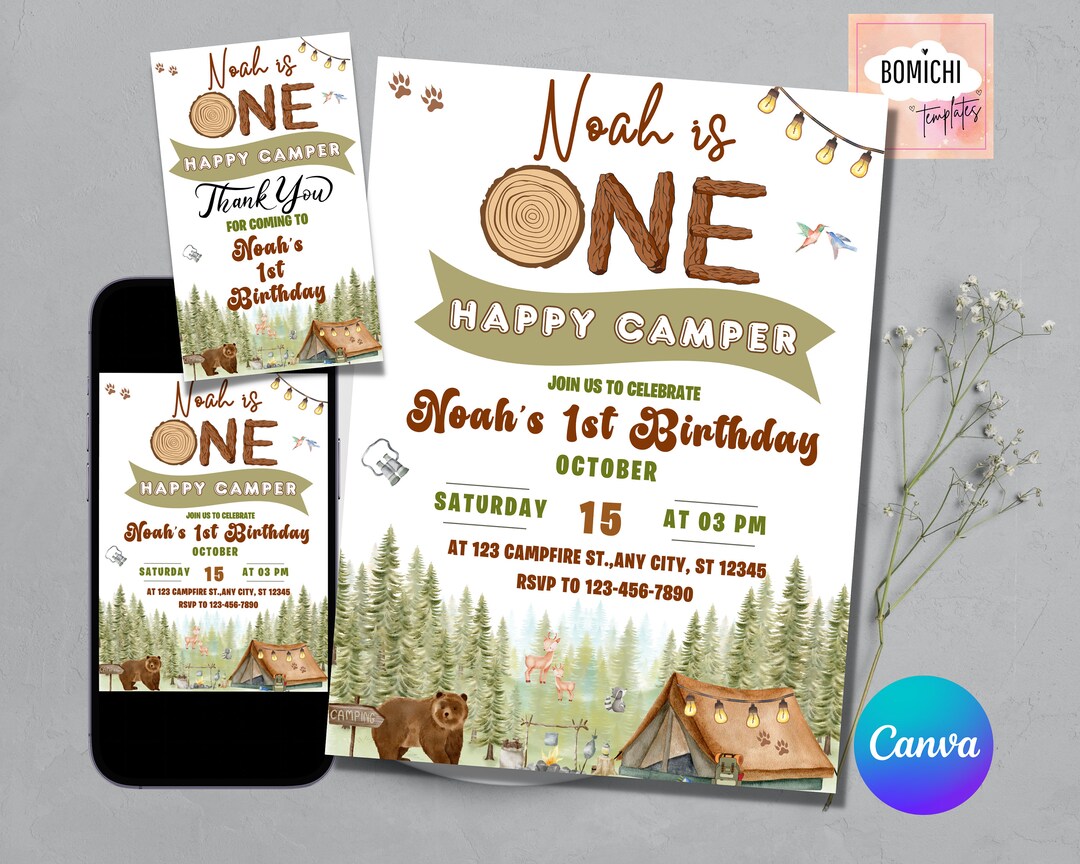 Editable Happy Camper Invitation, One Happy Camper Birthday Invitation, One Happy Camper First ...