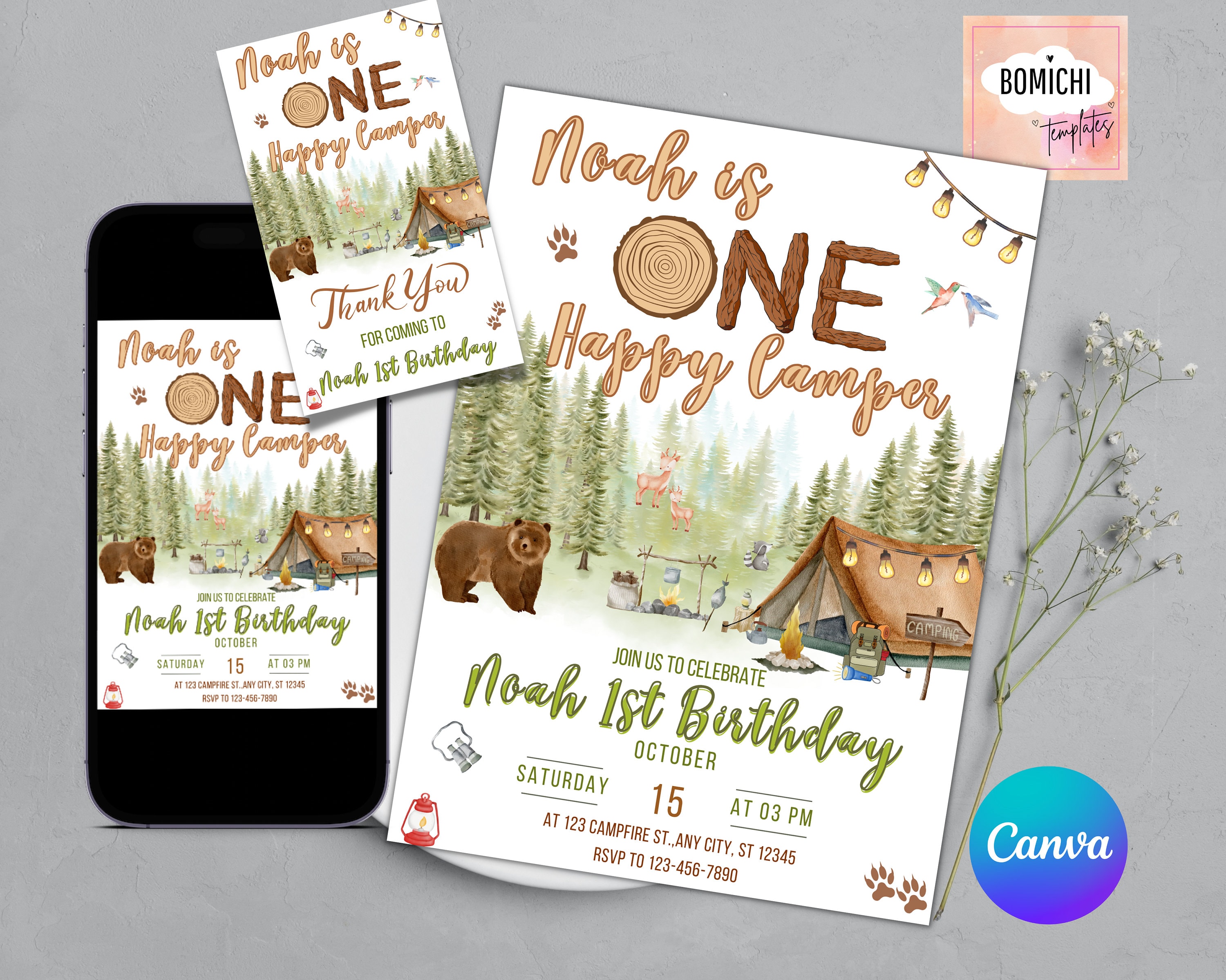 One Happy Camper Birthday Invitation Template, Camping 1st Birthday Invite, Editable One Happy ...