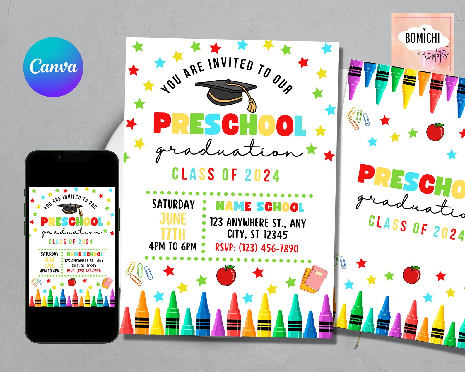 Preschool Graduation Invitation Template, Colorful Crayon Design ...