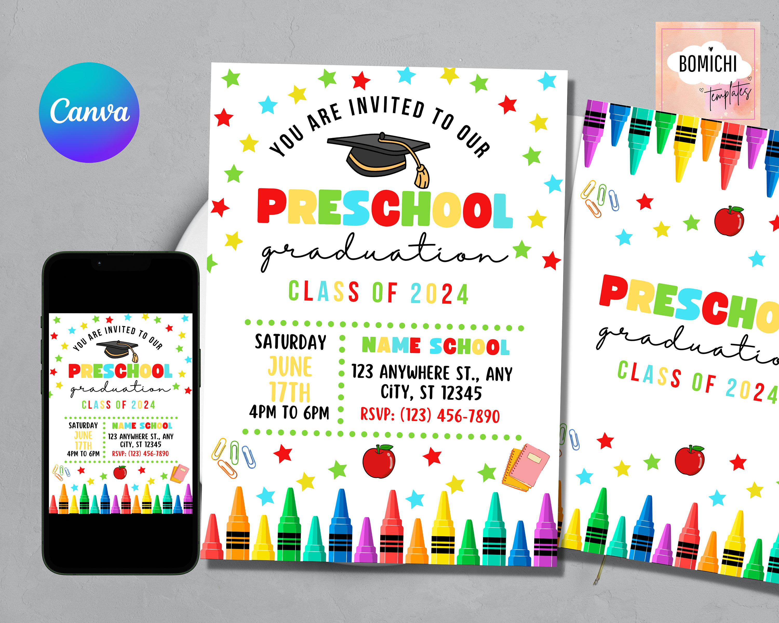 Preschool Graduation Invitation Template, Colorful Crayon Design ...