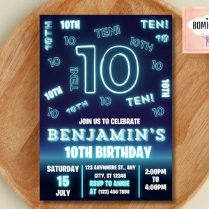 Neon 10th Birthday Invitation, Teen Boy, Canva Template (digital ...