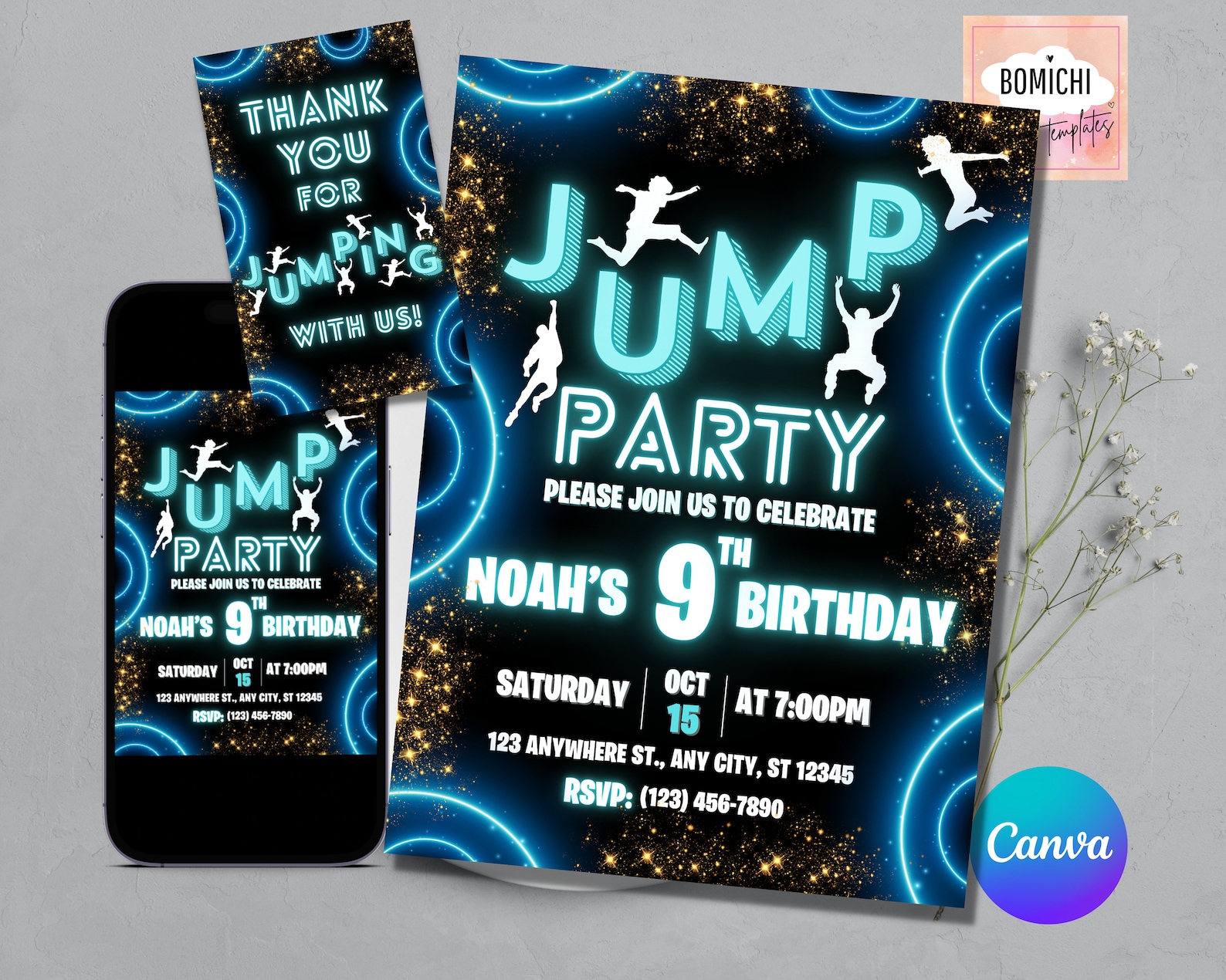 EDITABLE Jump Party Invitation, Trampoline Park Birthday Invitation ...