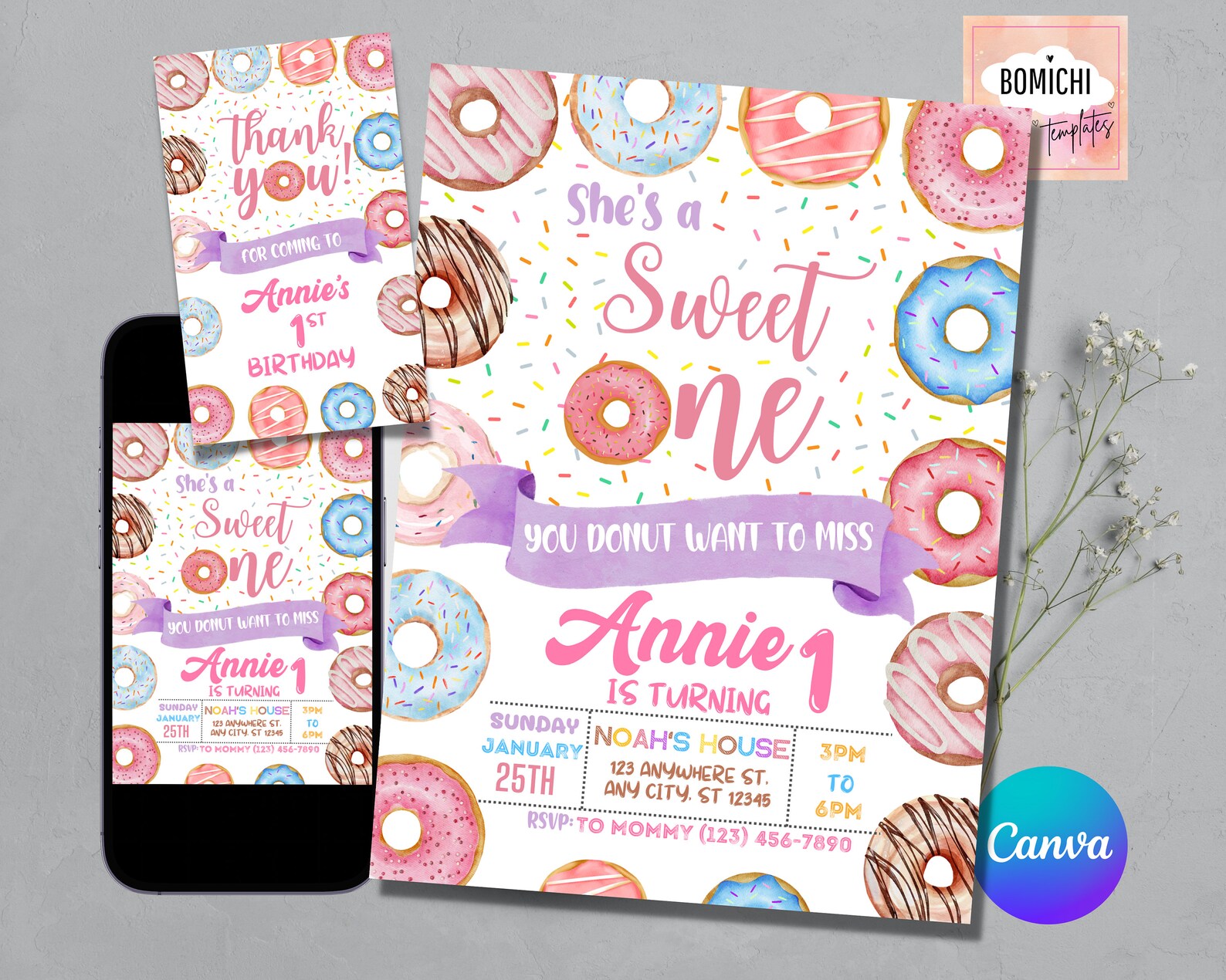 Editable She's a Sweet One Invitation, Donut Invitation, Donut 1st ...