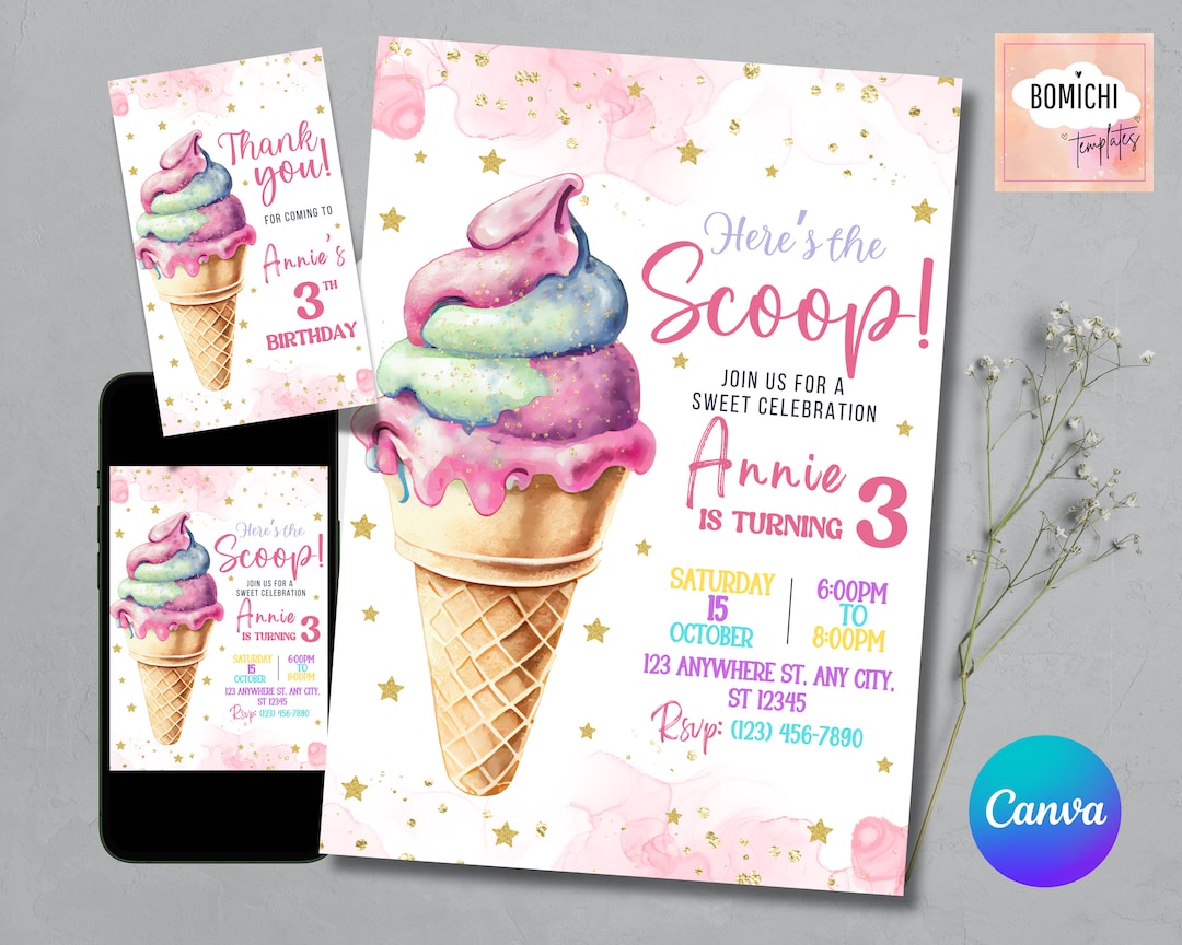 Pastel Ice Cream Birthday Invitation, Ice Cream Birthday Girl Invite ...