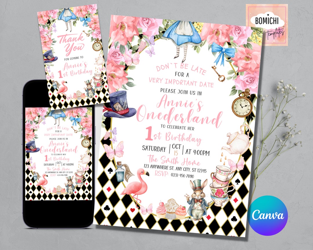 Alice in Wonderland 1st Birthday Invitation, Mad Tea Party (EDITABLE ...