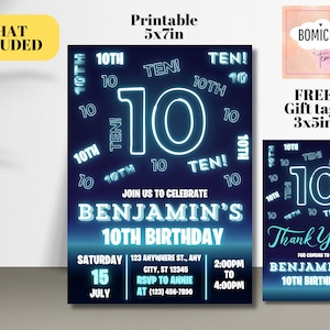 Neon 10th Birthday Invitation, Teen Boy, Canva Template (digital ...