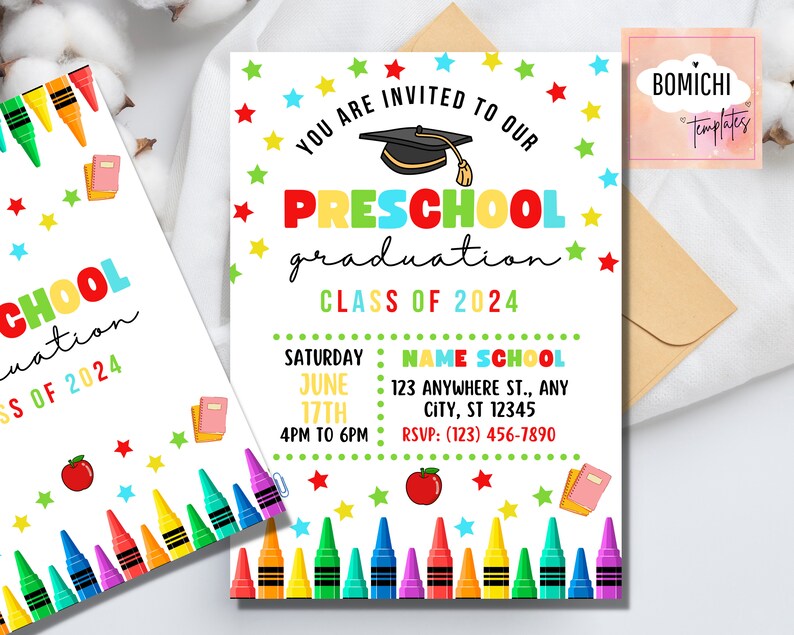 Preschool Graduation Invitation Template, Colorful Crayon Design ...