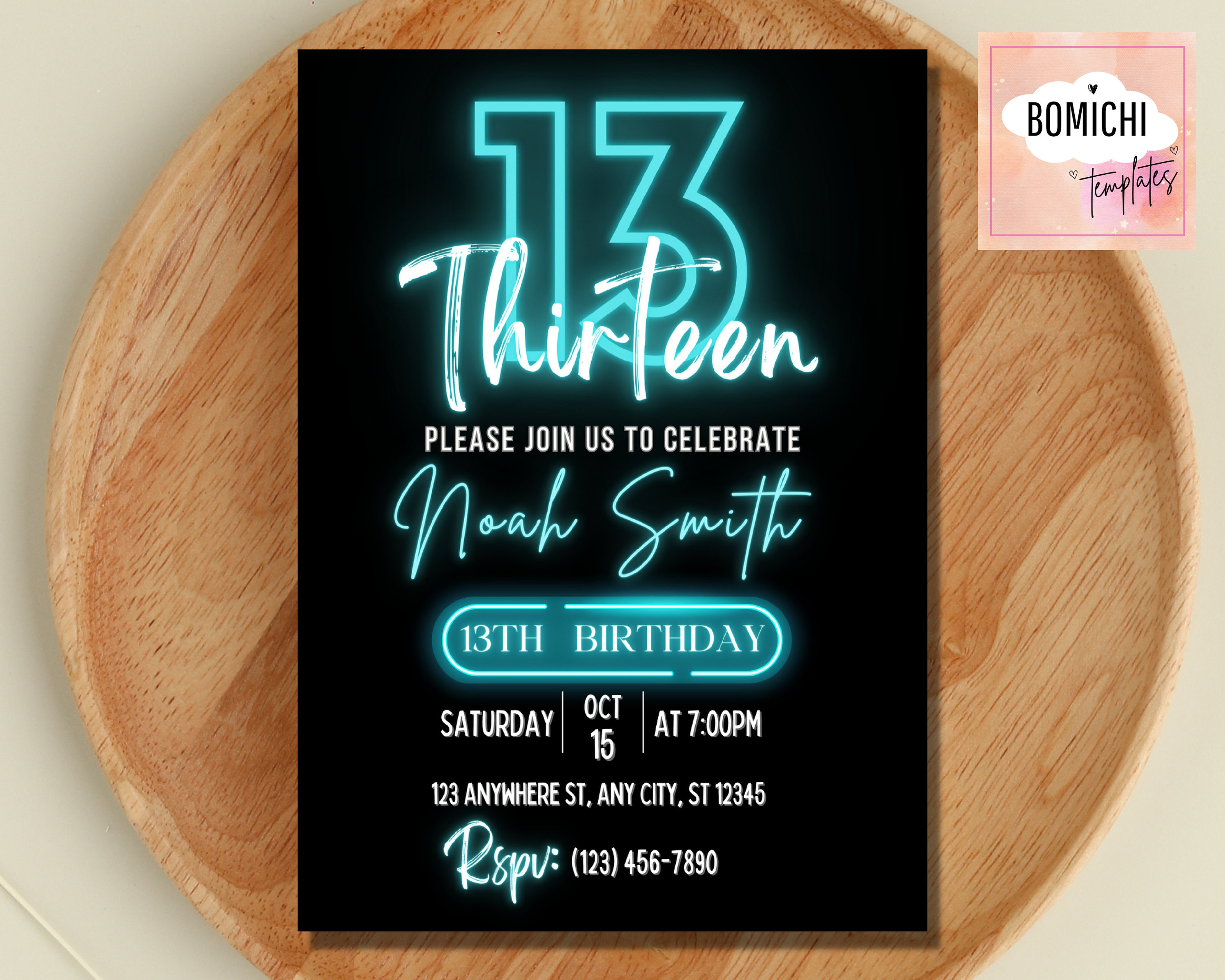 Editable Neon 13th Birthday Invitation, Teen Party (digital Download ...