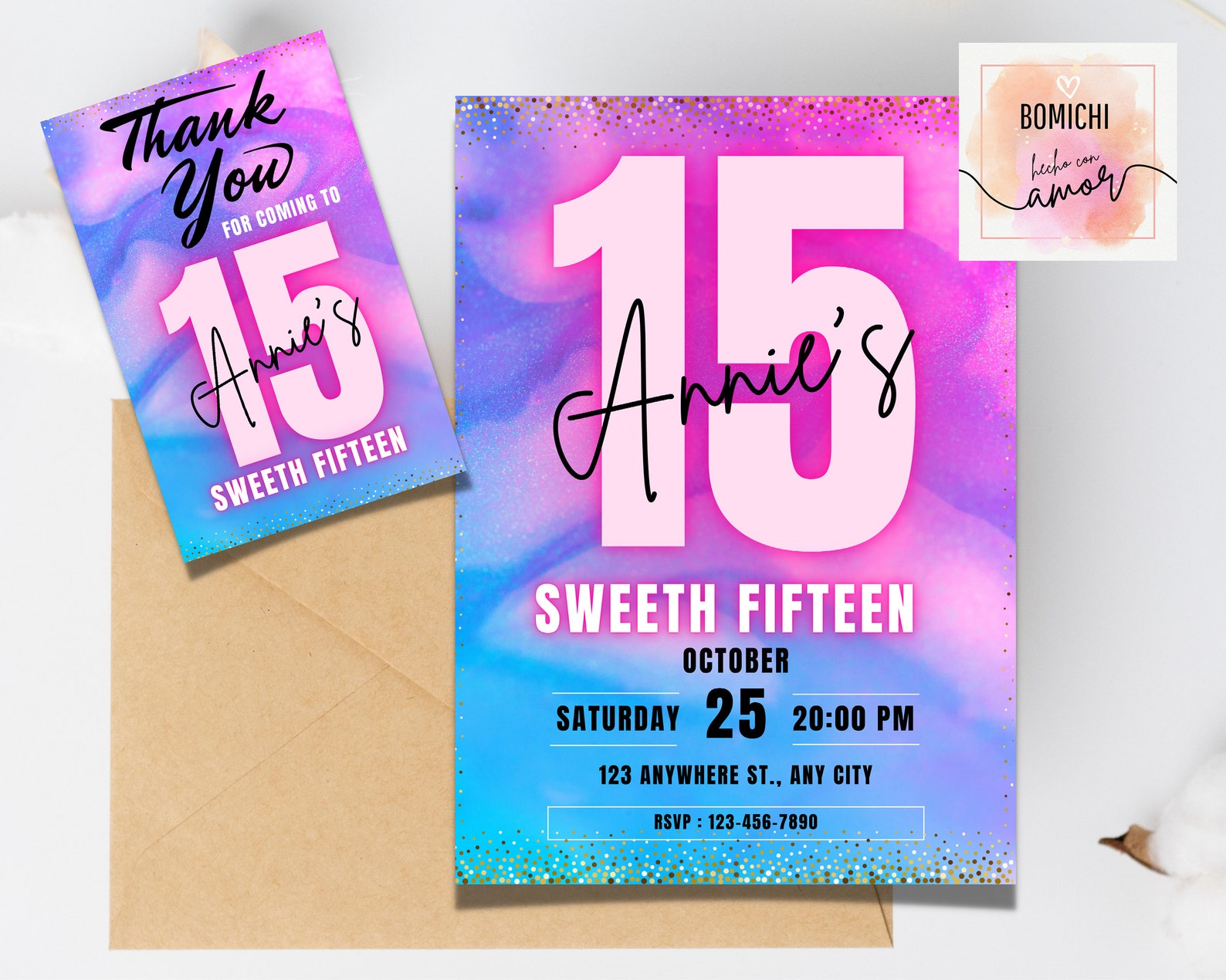 Editable Neon 15th Birthday Invitation, Canva Template (digital ...