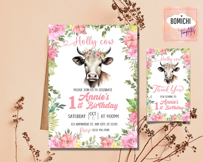 Holy Cow Birthday Invitation Template, Cowgirl Thank You Tag (digital ...