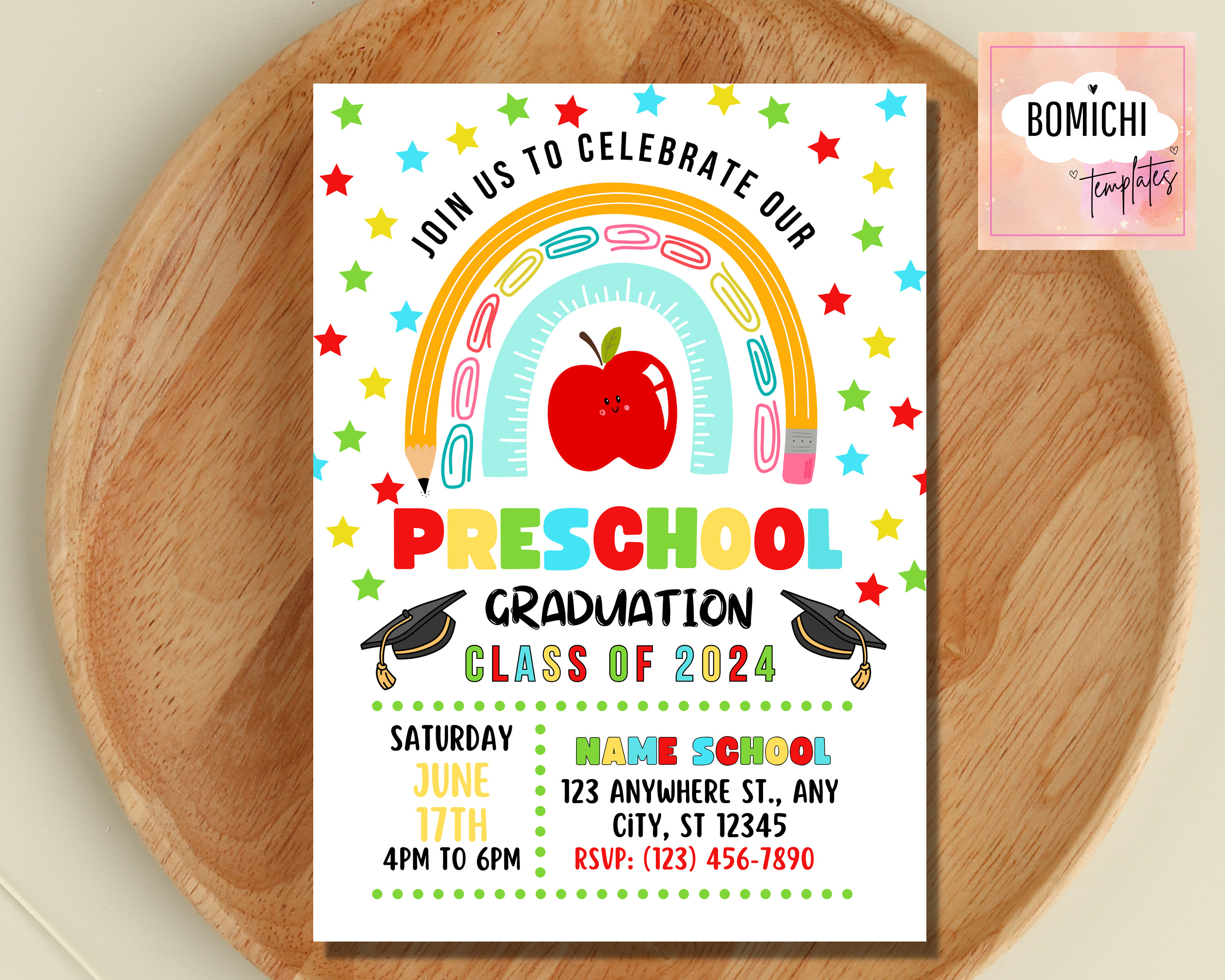 Preschool Graduation Invitation Template, Colorful Rainbow Design ...