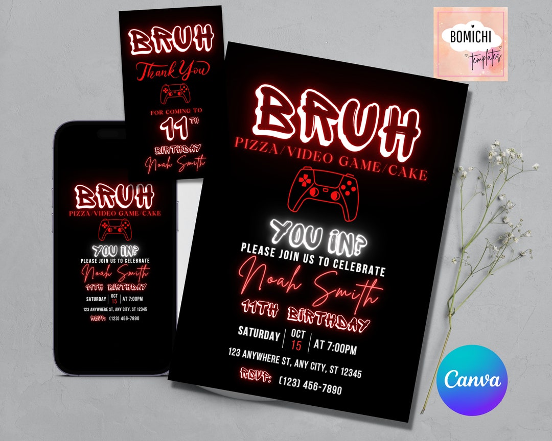 Neon BRUH Birthday Invitation, Teen Gaming Party (editable in Canva) - Etsy