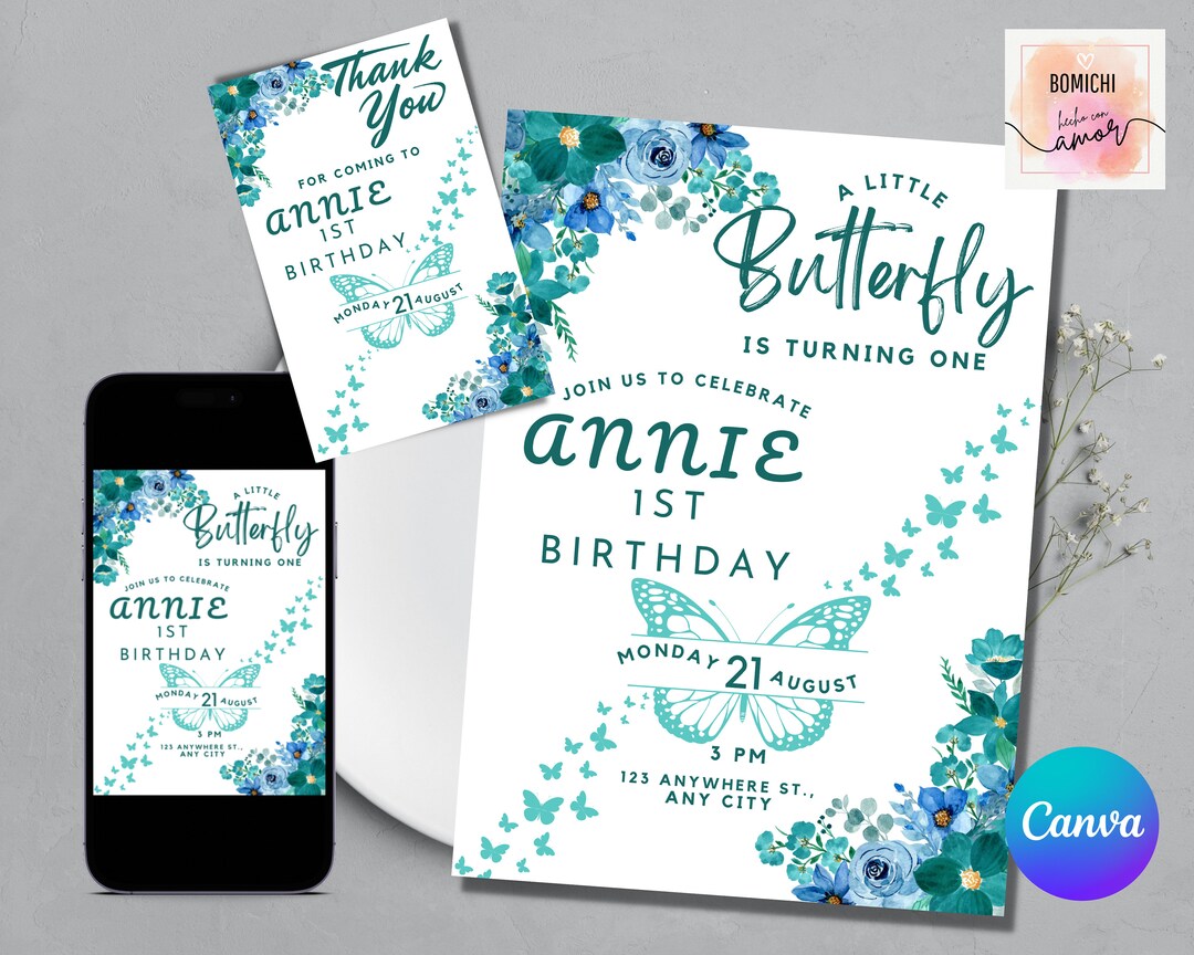 Butterfly First Birthday Invitation, Thank You Tag (CANVA Editable ...