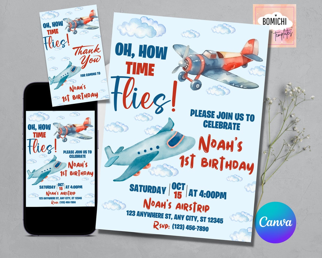 Airplane Birthday Invitation, Time Flies Invitation, Boy 1st Birthday ...
