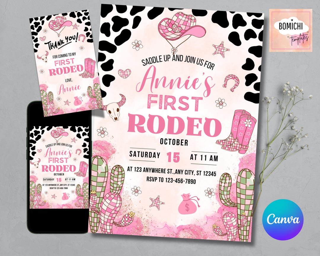 FIRST RODEO Invitation Template, Cowgirl Birthday Invitation, Editable ...