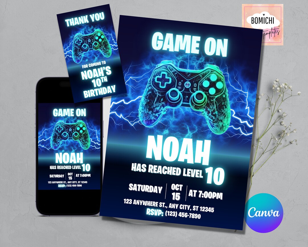 Video Game Birthday Invitation Template, Video Game Invitation, Neon ...